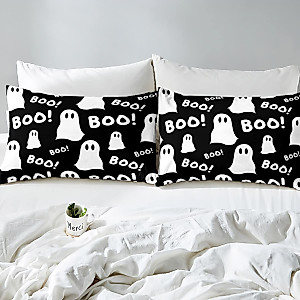 Castle Fairy Funny Ghost Fitted Sheet Queen Size Happy Halloween Theme Bedding Set Black White Sheet Set,Cartoon Ghost Bed Cover Ultra Soft Breathable Bedspread 3 Pcs for Kids Teens Boys