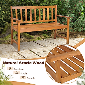 Tangkula Outdoor Acacia Wood Bench, 2-Person Garden Bench with Backrest and Armrests, Garden Bench with Slatted Seat for Porch, Park, Backyard, 800 Lbs Max Load, 48” L x 22” W x 34” H, Natural