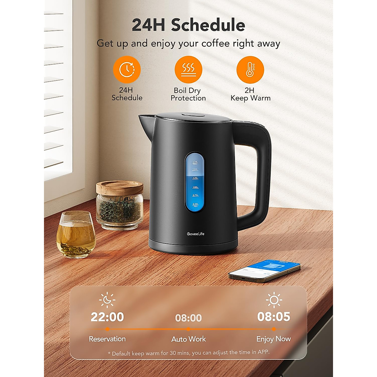 GoveeLife Smart Kettle Temperature Control 1.7L, 1500w WiFi Tea Kettle Electric with LED Indicator Lights, Remotely Control, 2H Keep Warm, 4 Presets Hot Water Boiler for Tea & Coffee & DIY