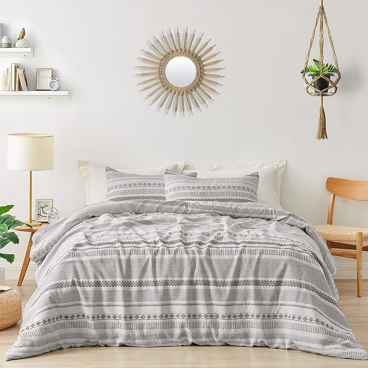 Sweet Jojo Designs Boho Black and Grey Cotton Woven Jacquard Modern Duvet Comforter Cover and Sham 3 pc Full Queen Bed Bedding Set Bedroom Farmhouse Patterned Ivory Bohemian Textured Neutral Geometric