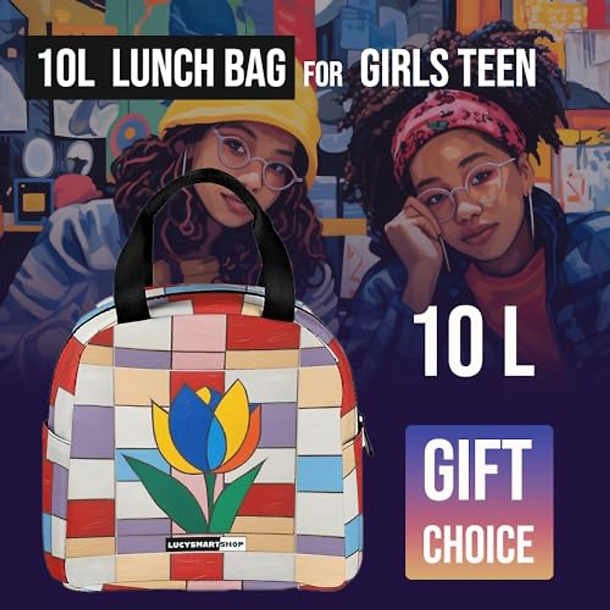 LUCYSMARTSHOP Pink Small Lunch Bag Flower LunchBox for Girl Teen Cute Small Bag,Children Girl Christmas Wishes, Teen Girl 10-12 Christmas Gifts Girl BigKid Gift Idea (Pink Tuilp Checkerboard)