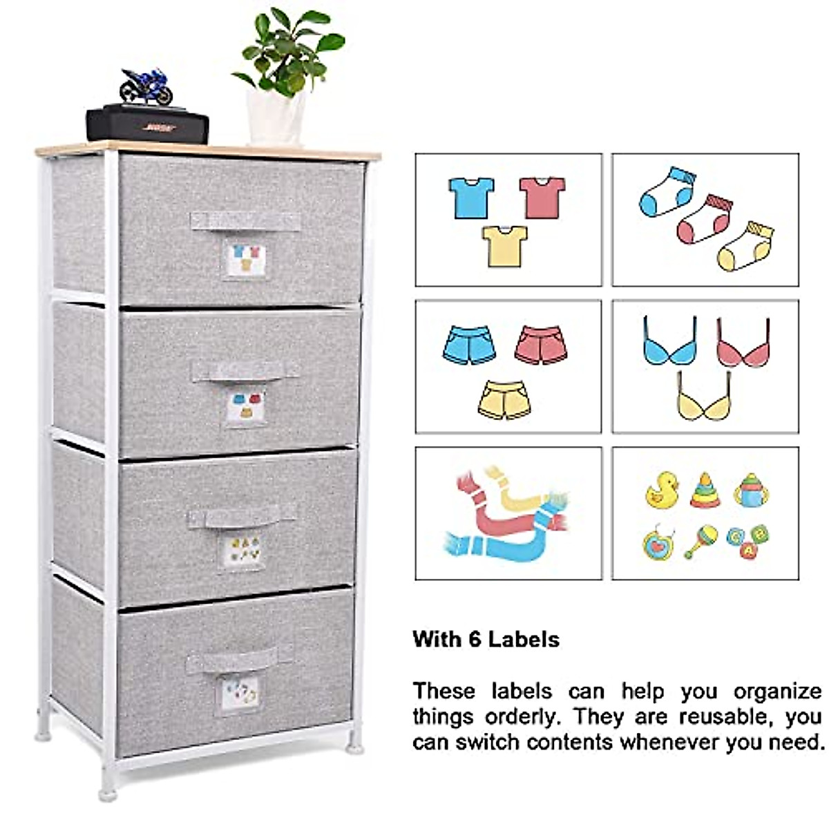 CERBIOR Drawer Dresser Closet Storage Organizer with Label Card 4-Drawer Closet Shelves, Sturdy Steel Frame Wood Top with Easy Pull Fabric Bins for Clothing, Blankets - Grey
