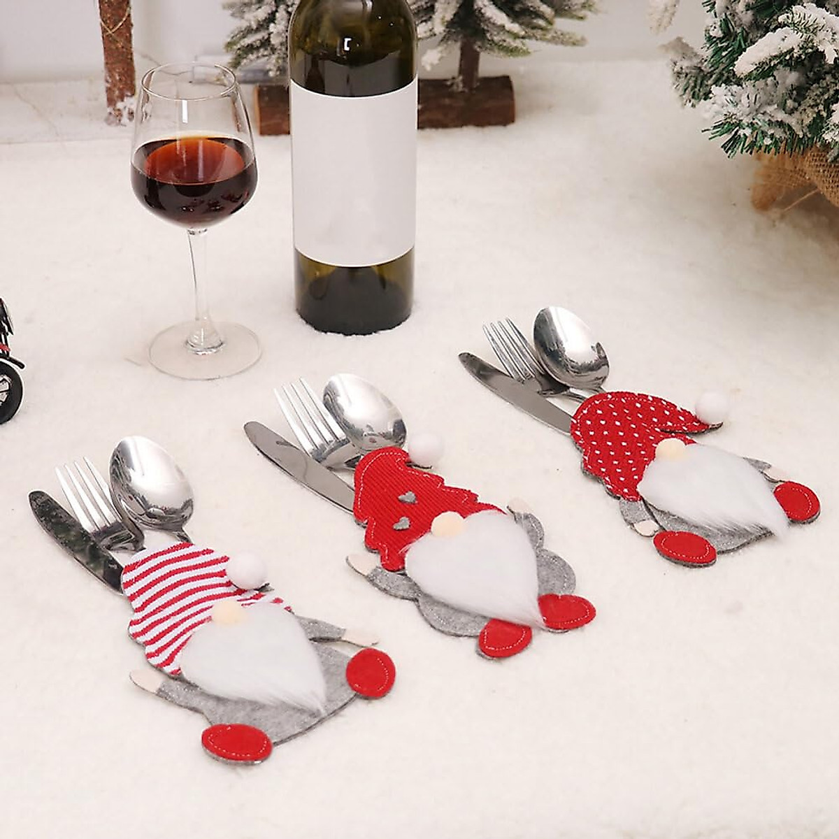 Luxshiny 12pcs Christmas Tableware Bags Gnome Cutlery Bags Xmas Cutlery Pouch Cover Holiday Table Flatware Pouches for Chopsticks Spoon Fork Christmas Table Decorations