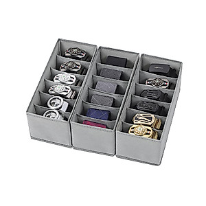 Coorganisers 3 Packs Fabric Belt Organizer, 6 Grids Belt Organizer for Closet and Drawer, Foldable Dresser Drawer Organizers, Tie Organizer for Men, Belt Tie Holder, Belt Tie Storage Organizer-Grey