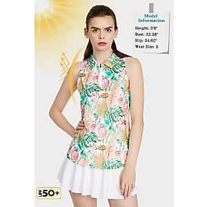 CQC Women's Sleeveless Golf Shirts Quick Dry Floral Athletic Polo with Collar Zip Up Lightweight Tennis Tank Tops Water Lily L