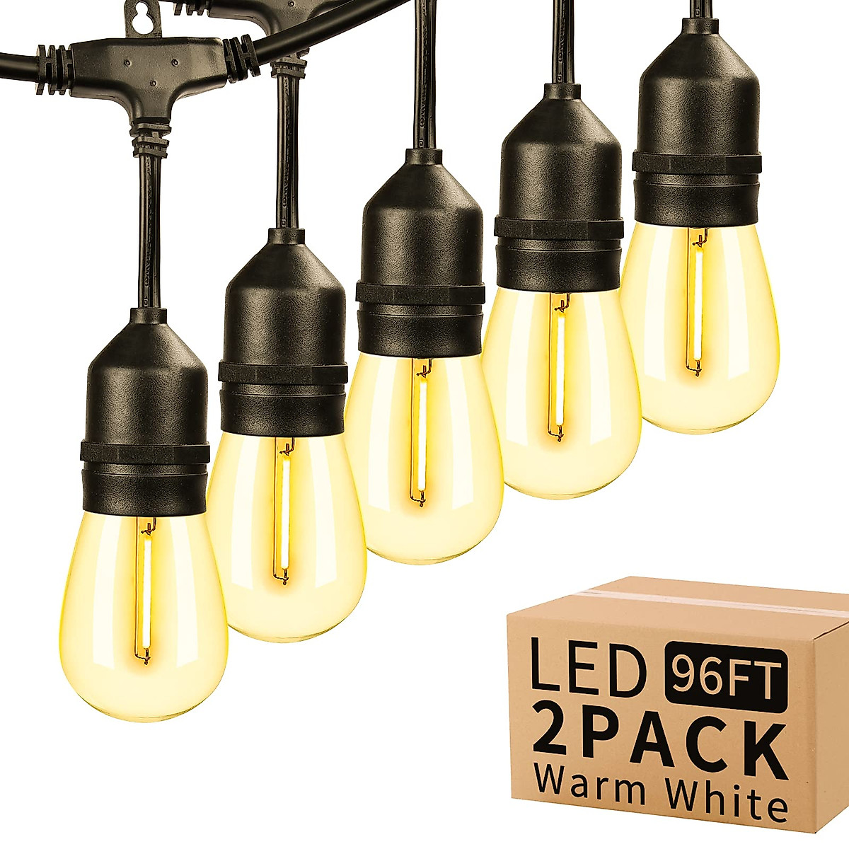 AVANLO Outdoor String Lights Dimmable LED 96 FT (2x48FT) Waterproof Shatterproof Bulbs 30 Hanging Sockets Commercial Grade Patio Lights Decorative Bistro/Party/Garden/Cafe Light 2700K Warm White Light