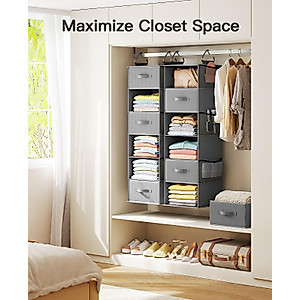 Pipishell Hanging Closet Organizer 6-Shelf, Hanging Shelves for Closet with 3 Removable Drawers & Side Pockets, Hanging Shelf Organizer for Bedroom or Garment Rack, 12'' x 12'' x 43.3'', Dark Gray