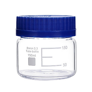 Pastein 4 Pack 150 mL Wide Mouth Graduated Round Borosilicate Reagent Media/Storage Lab Glass Bottle With GL70 Blue Polypropylene Screw Cap