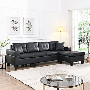 Livavege Oversized Sofa Large Couhes, L-Shape Faux Leather Sectional Couch with A Saucer, Chaise and Storage Ottoman for Office Living Room Furniture Sets, Black