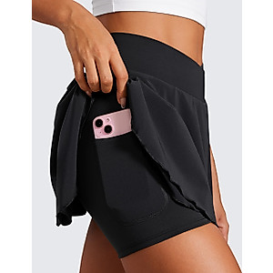 CRZ YOGA Tennis Skirts for Women Crossover High Waisted Ruffle Layered Workout Athletic Golf Skort Skirts with Pockets Black X-Small