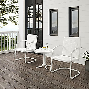 Crosley Furniture KO10019WH Bates 3-Piece Retro Metal Outdoor Seating Set with Side Table and 2 Chairs, White Gloss and White Satin