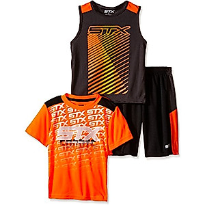 STX Big Boys' 3 Piece Performance T-Shirt, Tank, and Short, Neon Orange/Black, 10
