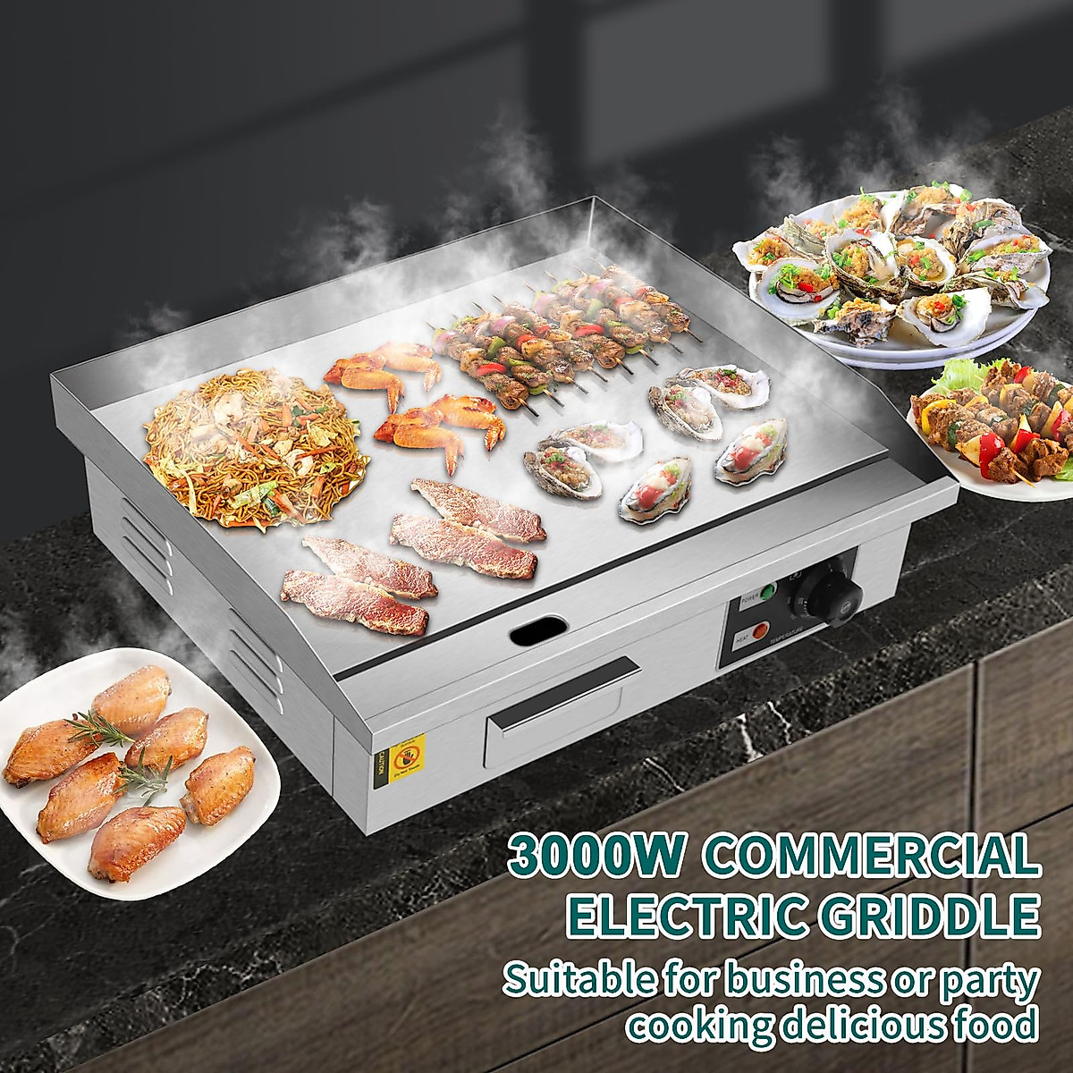 ERfairdeal 22" Commercial Electric Countertop Griddle, 3000W 110V Flat Top Grill, Non-Stick Teppanyaki Grill, Stainless Steel Hot Plate BBQ, with Adjustable Temp Control for Restaurant Kitchen