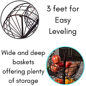 BirdRock Home 2 Tier Wire Fruit Basket Bowl - Round Metal Standing Storage Baskets - Vegetable Garlic Caddy Stand for Kitchen Counter - Freestanding Rustic Decorative Farmhouse Decor