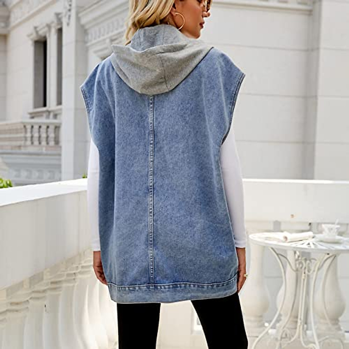 Perbai Women's Distressed Oversized Button Down Sleeveless Denim Vest with Detachable Hoodie(B HoodedBlue-S)