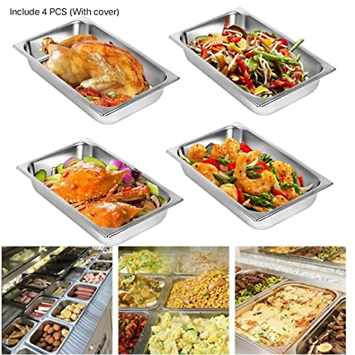 4 Pcs Pans Full Size, 4 Inch Deep Stainless Steel Steam Pan with Lid, Hotel Pans Steam Table Pan Buffet Pans Stainless Steel Food Warmer with Lids, Food Tray with Cover Food Pan Catering Supplies