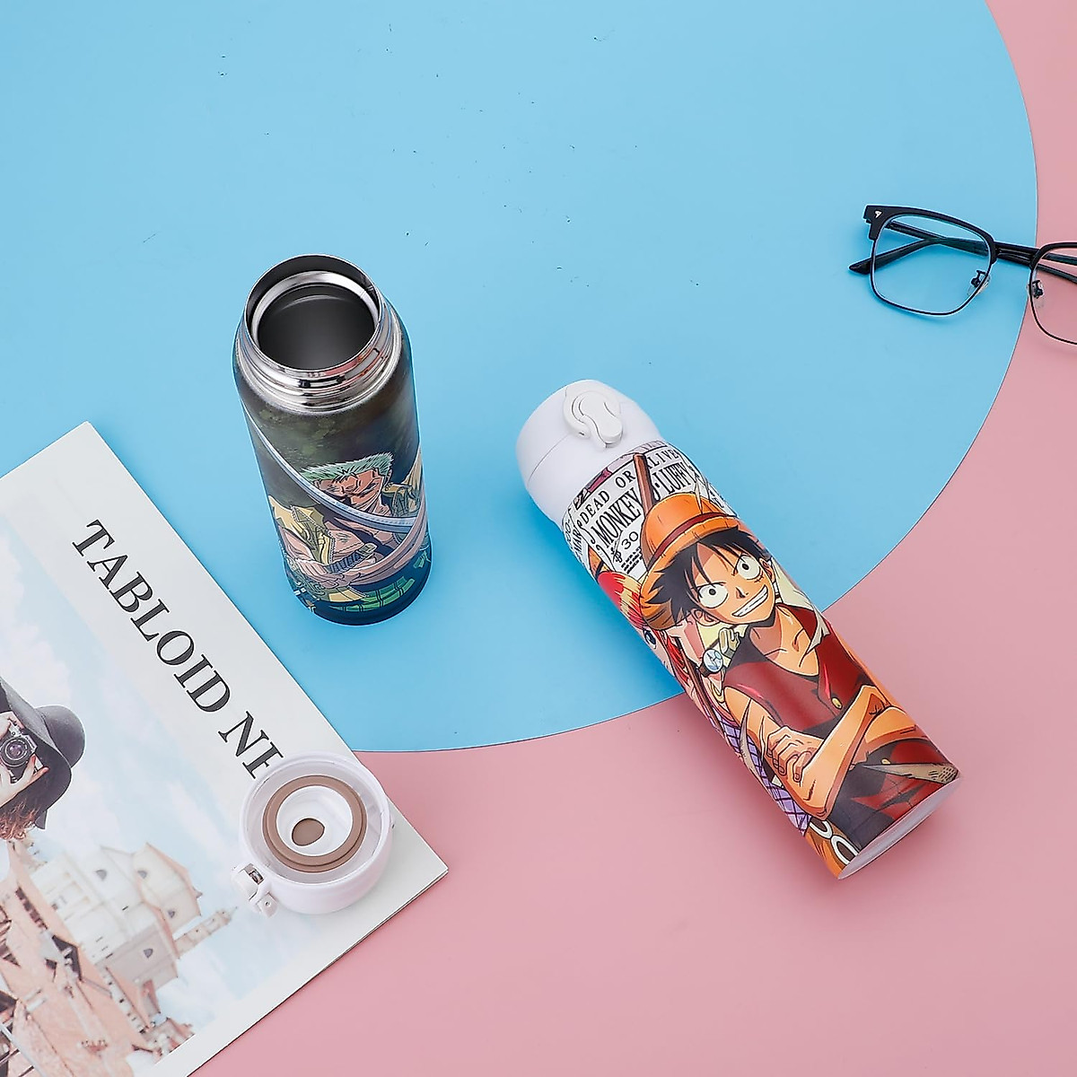 CNEISEJK Anime Piece Water Bottle, Vacuum Insulated Cosplay Zoro Luffy Stainless Steel 16.9oz Cup Thermoses with Locking Cover Leak-Proof Design (WB-Hzw A 2403), 500ML