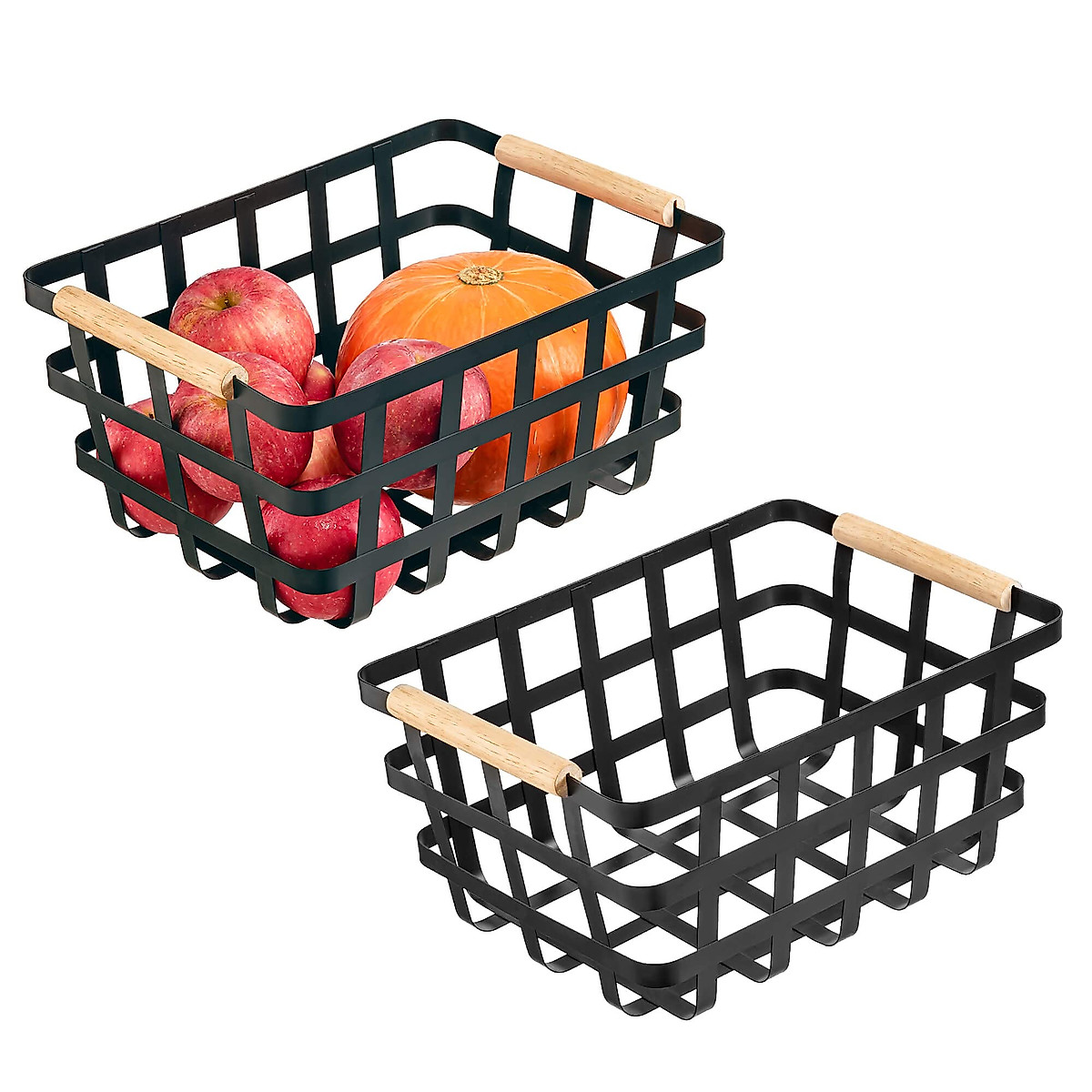 Black Farmhouse Baskets Pantry Baskets with Wooden Handles Storage Organizer Farmhouse Baskets, Freezer Baskets Household Refrigerator for Cabinets, Pantry, Closets, Bedrooms, kitchen