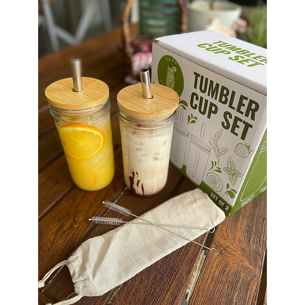 TADN Tumbler Cup Set with Lids and Straws 24oz (Set of 2) Wide Mouth Drinking Glasses Cups - Modern Style - Great for Smoothie, Bubble tea, Fresh Water, Ice Coffee -Reusable