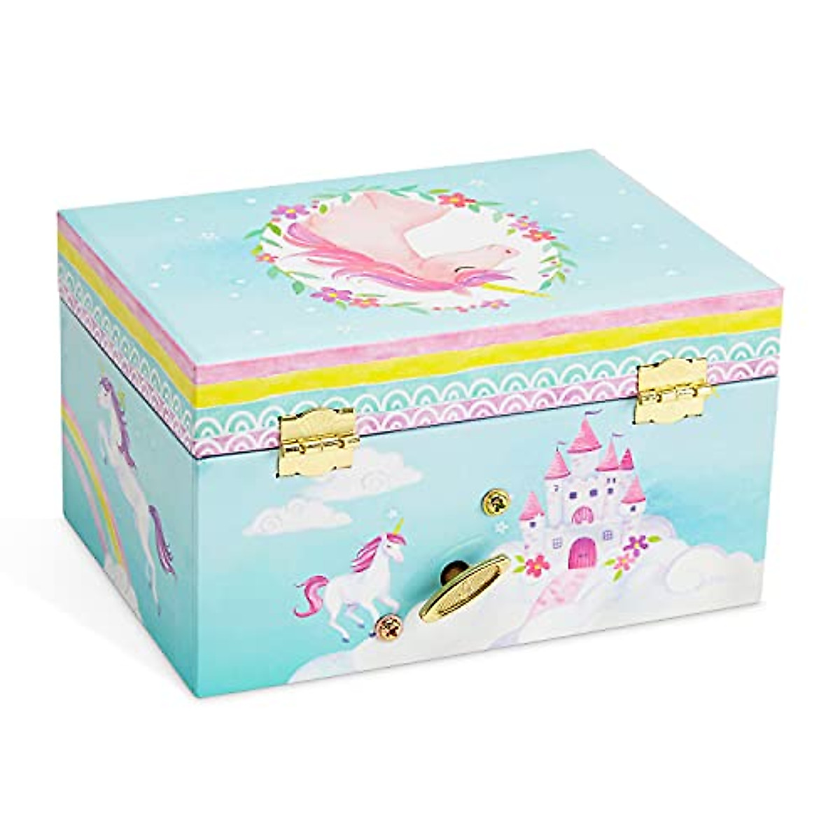 Jewelkeeper Girl's Musical Jewelry Storage Box with Spinning Unicorn, 6 x 4.65 x 3.5 inches, Rainbow Design, The Beautiful Dreamer Tune