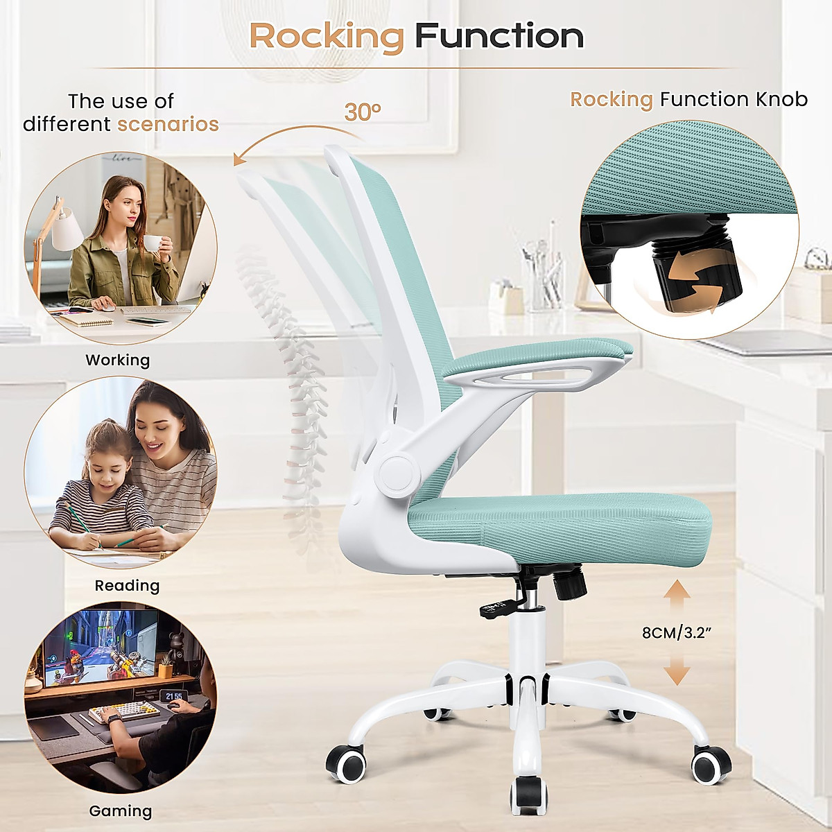 KERDOM Ergonomic Mesh Office Chair with Lumbar Support, Flip-up Arms & Swivel Feature - Adjustable Height Home/Gaming Chair (LightBlue)