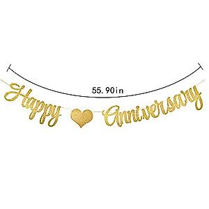 PALASASA Gold Glittery Happy Anniversary Banner for Wedding Anniversary Party Decorations