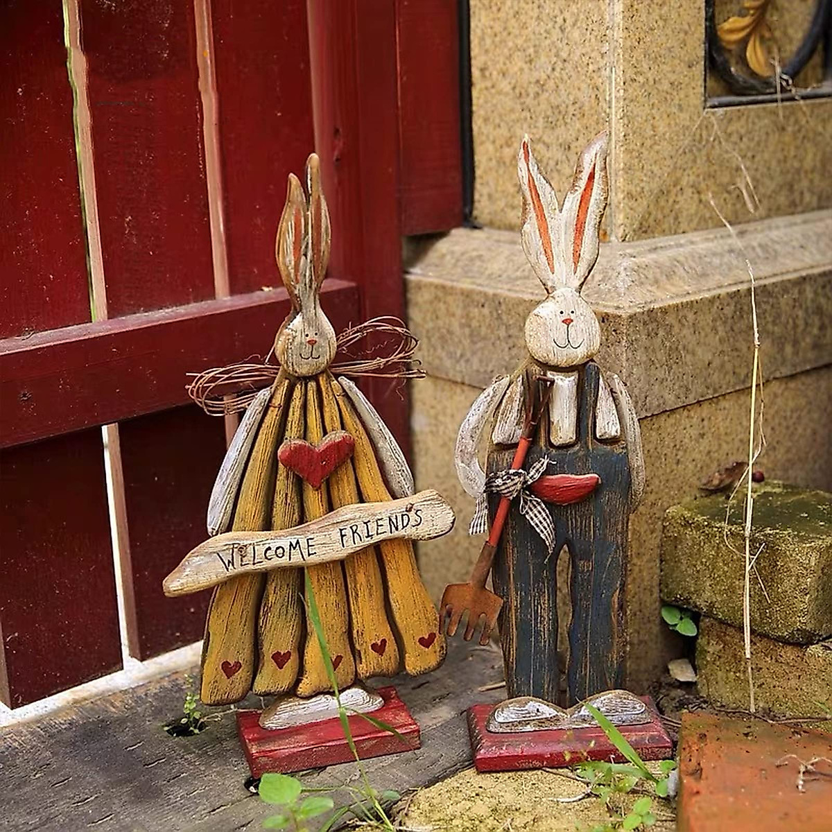 HANTURE 2pcs Easter Wood Bunny Tabletop Ornaments Farmhouse 15 Inch Cute Rabbit Couple Figuri Brownyellow