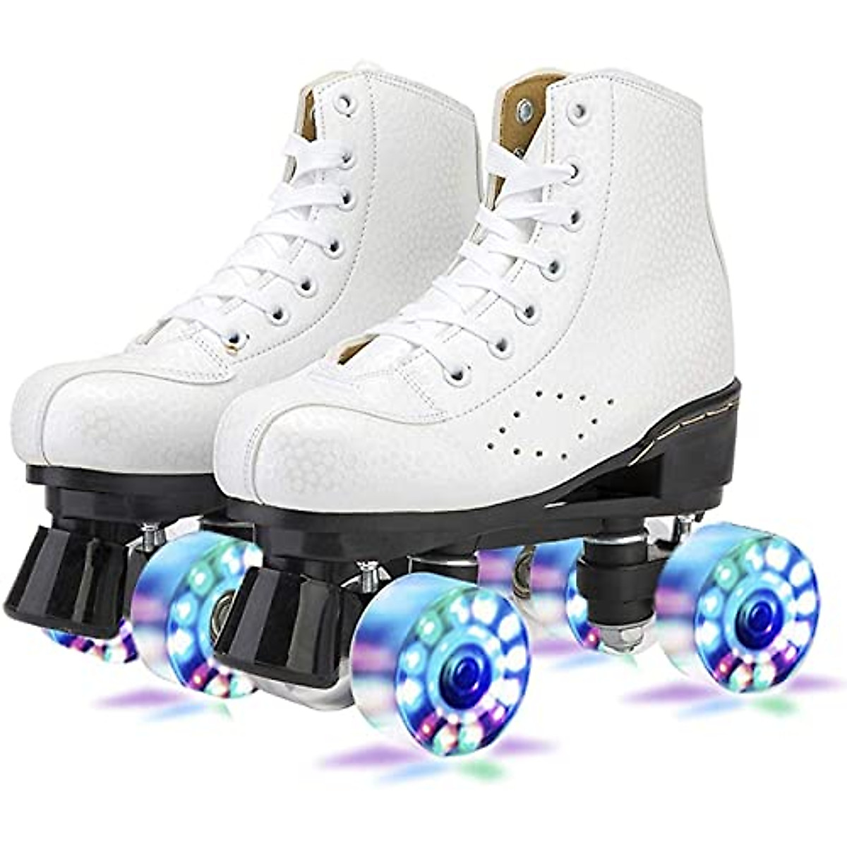 DBFHE Roller Skates for Women and Men, Outdoor Quad Wheel Rink Skates with Light Up Wheels, Classic Quad Rink Skate Shoes for Adult/Girls/Unisex and Beginners,白色-39EU/US8, White