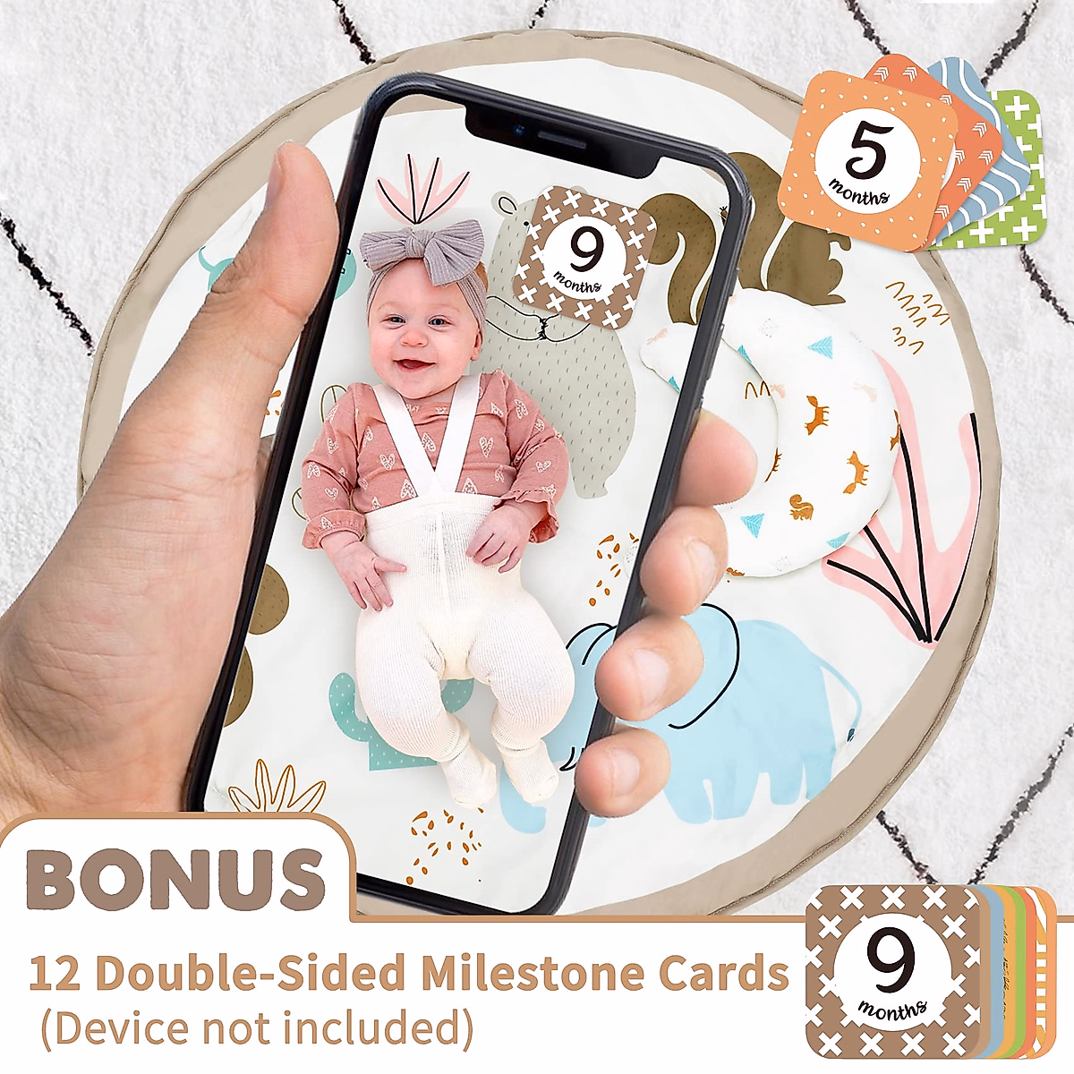 Washable Baby Gym Activity Center with Animal Play Mat, Visual, Hearing, Touch, Cognitive Early Development Playmats, 6 Toys for Infant & Toddler, Larger, Non Slip