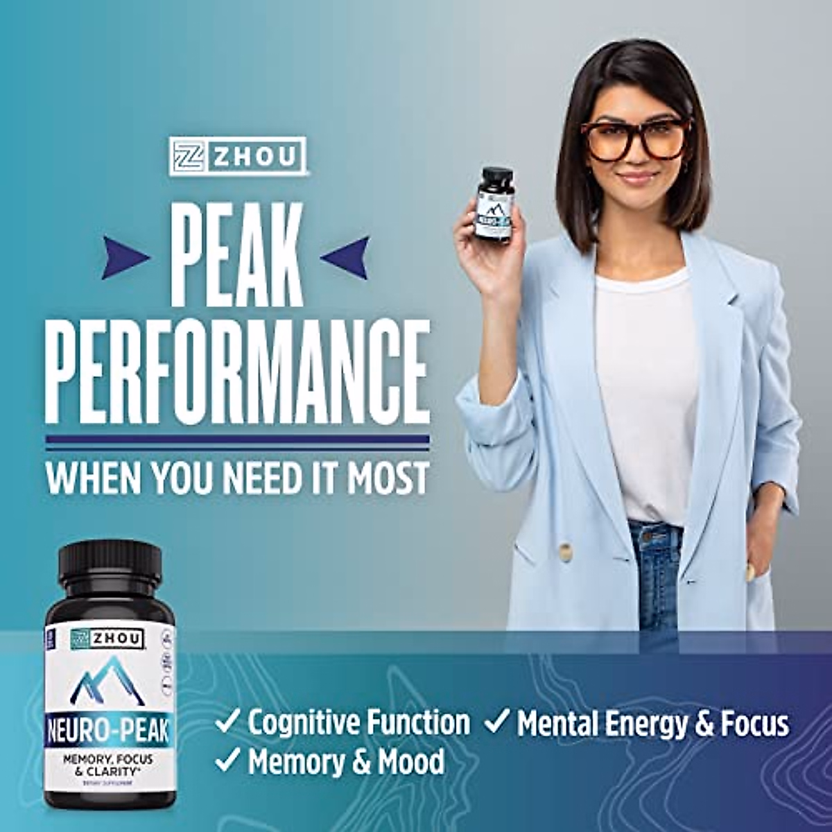 Zhou Neuro Peak Brain Support Supplement | Memory, Focus & Clarity Formula | DMAE, Rhodiola Rosea, Bacopa Monnieri, Ginkgo Biloba & More | 30 VegCaps