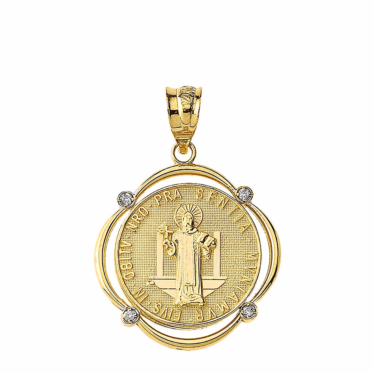 Fine 10k Gold Medalla De San Benito Saint St Benedict Diamond Round Frame Pendant