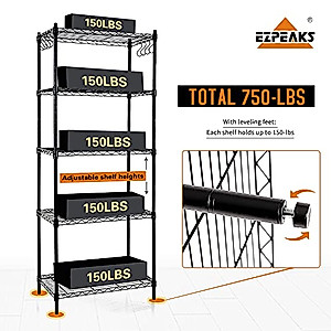 EZPEAKS 5-Shelf Shelving Unit with Shelf Liners Set of 5, NSF Certified, Adjustable, Steel Organizer Wire Rack, 100lbs Loading Capacity Per Shelf, for Kitchen and Garage (23.6W x 14D x 59H) Black