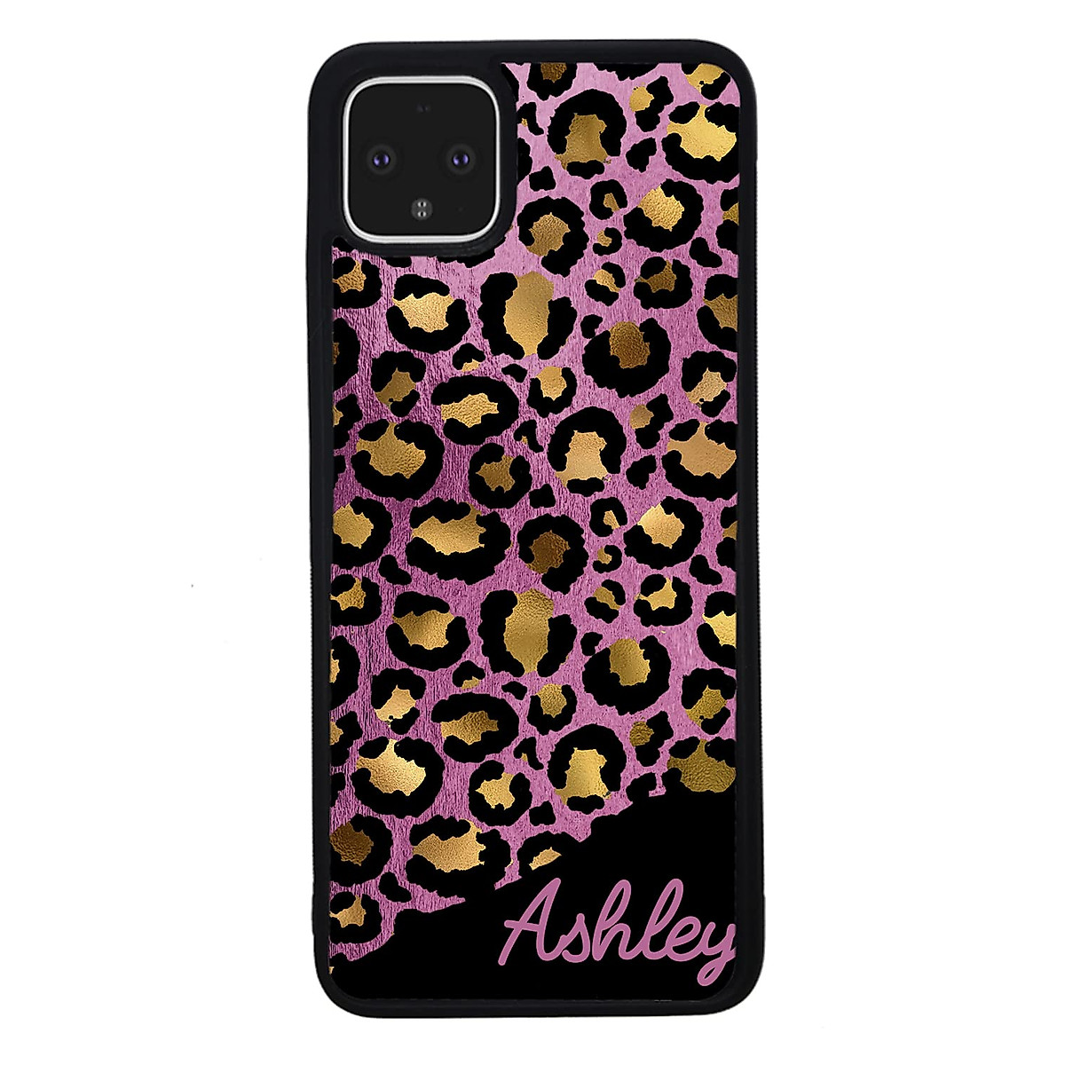 Leopard Skin Pink Gold Foil Personalized Black Rubber Phone Case Compatible With Google Pixel 8 Pro, 8a, 8, 7a, 7, Pixel 7 Pro, 6a, 6 Pro, 6, 5, 4a 5G, 4a 4G, 4, 4 XL, 3a, 3a XL, 3, 3 XL, 2 XL, 2