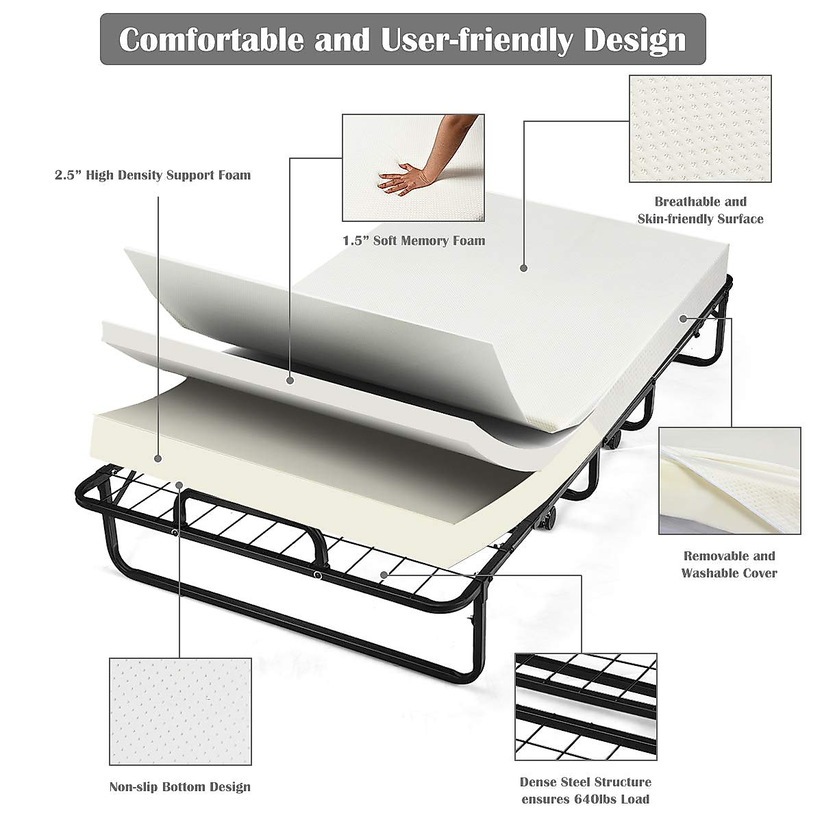 GORELAX Folding Bed with Mattress for Adults, Twin Size Small Portable Bed Set w/Metal Bed Frame & 4” Memory Foam Mattress, Foldable Bed Sleeping Cot Bed on Lockable Wheels, Rollaway Guest Bed