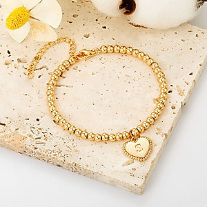 Initial Gold Bracelets for Women, 14k Gold Plated Initial C Bracelets for Women Bead Gold Bracelets for Women Dainty Heart Gold Bracelets for Women Gold Jewelry Gifts for Women