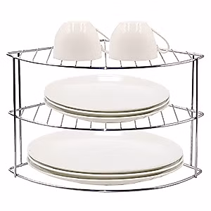 3-Tier Counter and Cabinet Corner Shelf, Pantry Organizer, Rust Resistant - Plates, Dishes, Pans, Cups, Lids and Bowls - Silver