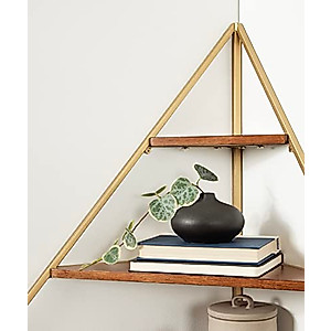 Kate and Laurel Melora Mid-Century Modern Corner Shelf, 24 x 38 x 17, Walnut and Gold, Glamorous Floating Corner Shelving with Four Shelves and Unique Geometric Shape