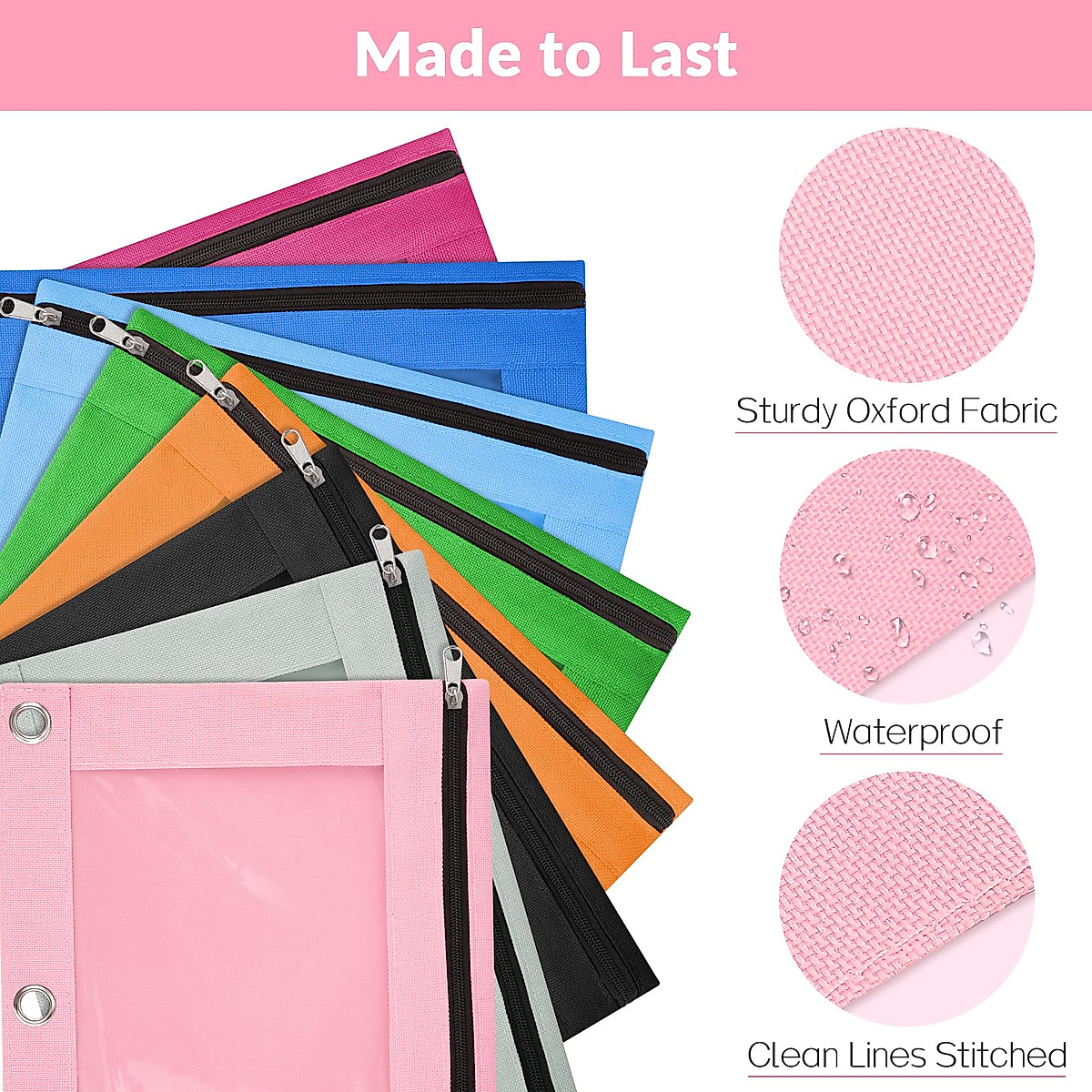 Sooez Pencil Pouch for 3 Ring Binder, 2 Pack Binder Pencil Pouch with Clear Window Pencil Bags with Zipper & Reinforced Grommets, Pencil Case for Binder Pink & Grey