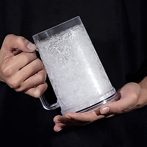 Patiomos Drinking Glasses Cups, Double Wall Gel Freezer Beer Mugs, Freezer Ice Mugs Cups, 16oz, Plastic Cooling Beer Mug Clear Set of 3 (Clear)