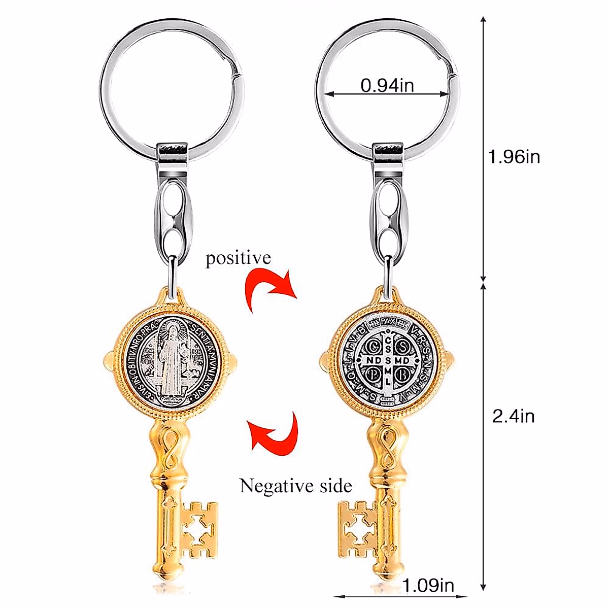 OEMOO 2Pcs Saint Benedict Medal Keychain, Silver/Gold Toned Saint Benedict Jubilee Medal Key Shaped Pendant Key Chain, Fine Detail Great Gift for Family Friend