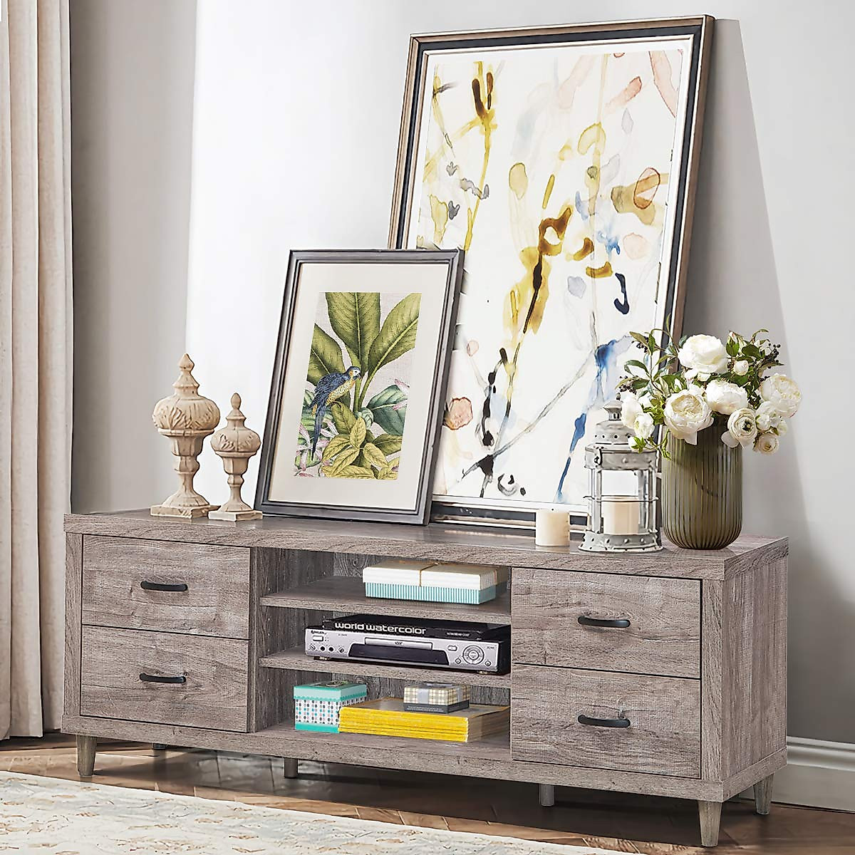 Tangkula Farmhouse TV Stand, Retro Wood Universal Stand for TV's up to 65" Flat Screen, 4 Drawers & 3 Open Shelves with 7 Adjustable Heights, 6 Legs Sturdy Structure, Rustic TV Console Table, Grey