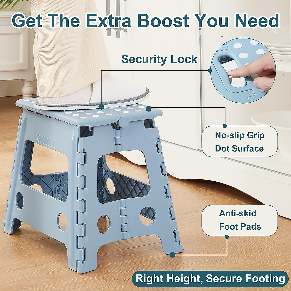 VECELO Folding Step Stool 13 Inch, Non-Slip Surface Portabl Foldable 1 Step Stool with Carry Handle, Heavy Duty to Support Kids/Toddler/Adults for Living Room Kitchen, Bathroom, Blue