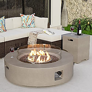 COSIEST 2-Piece Outdoor Propane Firepit Table Set w Tank Table, 40.5-inch Dark Fire Table 50,000 BTU w Gray Round Base,Wind Guard and 16 inches Tank Side Table 20lb for Garden,Pool