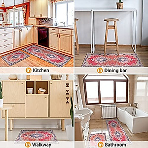 DECOMALL Washable Kitchen Rugs and Mets Set, 2 Piece Kitchen Rug Runner with Rubber Backing Non-Slip, Red Rug for Washroom, Door Mat, Sink, Laundry, Hallway, Machine Washable Mat ThinRed