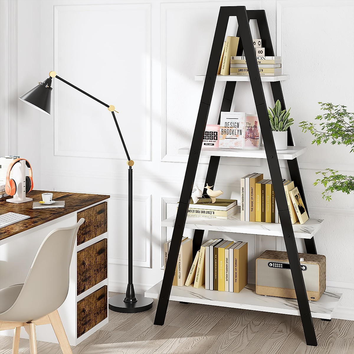 Recaceik 4-Tier Bookshelf, A-Shaped Bookcase Industrial Ladder Shelf Open Display Shelves with Metal Frame, Freestanding Plant Stand Book Shelf Open Storage Organizer for Living Room, Home Office