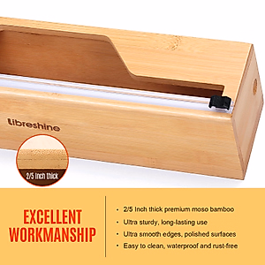 Libreshine Long Foil and Plastic Wrap Organizer with Cutter, Holder for 15 Inch Parchment Paper Roll, Bamboo Wall Mount Kitchen Wrap Dispenser
