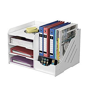 Natwind 4-Tier Office White Desktop Organizer Paper File Rack with Vertical Horizontal File Holder All in One Supplies Storage Box Mail Sorter on Desk Tabletop Binder Folder Letter Trays Study Home