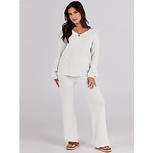 ANRABESS Women 2 Piece Outfits Sweater Lounge Sets Long Sleeve Cable Knit Pullover and Wide Leg Pants Tracksuit Matching Set White Large