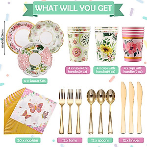 Layhit 83 Pcs Tea Party Decorations Include Disposable 12 Sets 9 Oz Paper Tea Cups with Handle and Saucers Floral Napkins 3 Tire Cake Stand Tea Serving Platter Tableware for Girl's Birthday