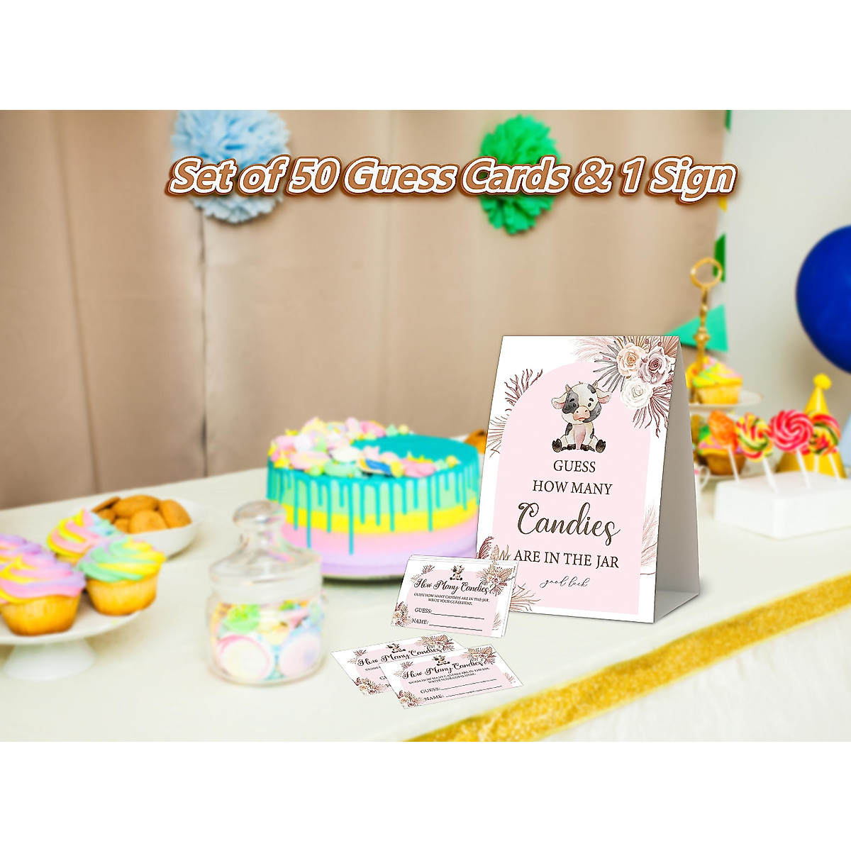 Boho Cow Shower Game,Guess How Many Candies,Baby Shower Games,Wedding Shower Games,Baby Shower Decorations Gender Neutral,Bridal Shower Decoration,Birthday Party Game,50 guess Cards & 1 Sign -12